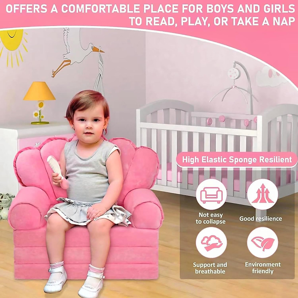harhoers Pink Toddler Chair Kids Sofa Lounger Toddler Bed Couch for Seating,Soft Princess Comfy Foldable Kids Couch Fold Out for Toddlers 1-5,children's chairs for toddlers for Girls Bedroom Furniture
