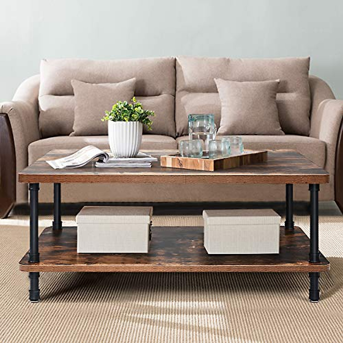 Giantex Retro Coffee Table W/Thick Tabletop, Industrial Steel Pipe Legs & 2-Tier Storage Shelf Accent Table for Living Room, Reception Room, Easy Assembly Center Table, Rustic Brown