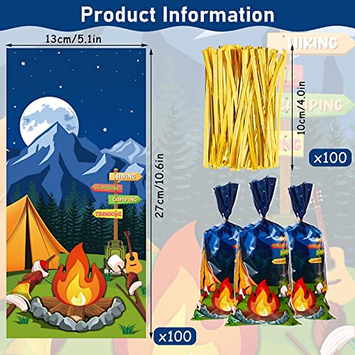 100 Pieces Camping Cellophane Treat Bags Camp out Goodie Candy Favor Bags Gift Bags with 100 Pieces Twist Ties for Camping Party Decorations Kids Birthday Party Baby Shower Supplies Gift Wrapping
