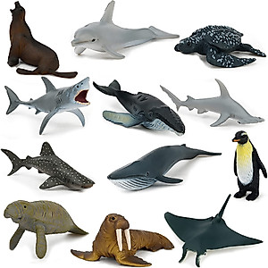 Fun Gift Sea Animal Toy Set,12 pcs Animal Sea Figures Ocean Toy for Kids, Realistic Set for Sea Lovers, Includes Great White Shark, Dolphin, White Shark, Whale for Age 3+