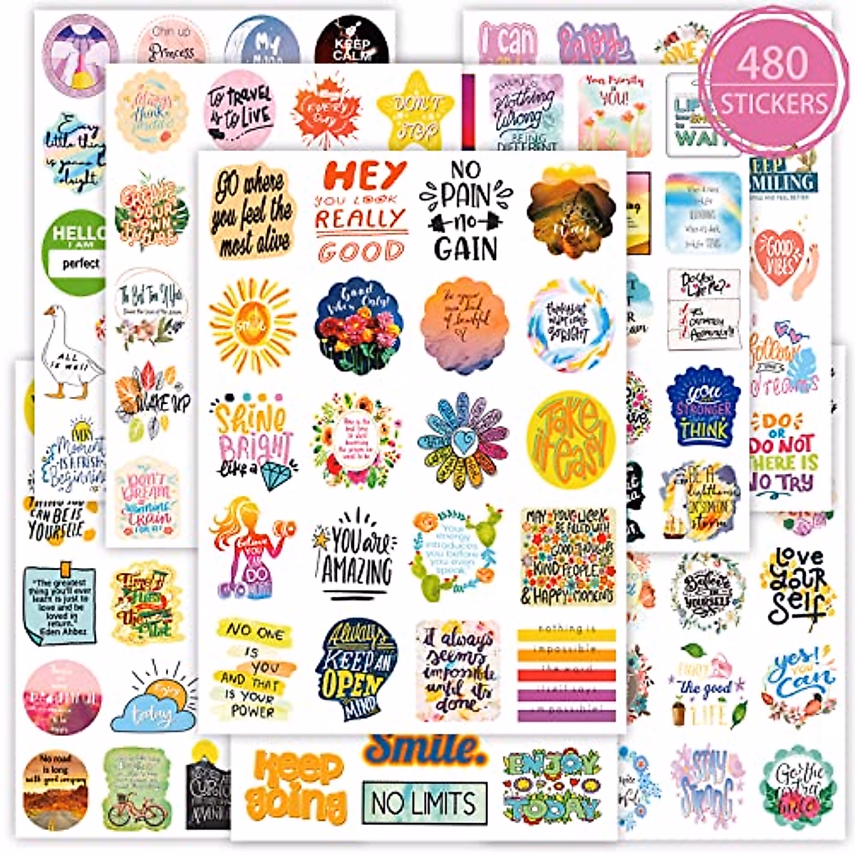 480 Pieces Inspirational Quote Daily Planner Stickers for Women Journaling Calendar Scrapbook Stickers Aesthetic 24 Sheets Motivational Waterproof Stickers for Kids Teachers Water Bottle Laptop