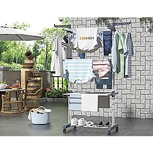 HOMIDEC Clothes Drying Rack, Oversized 4-Tier(67.7" High) Foldable Stainless Steel Drying Rack Clothing, Movable Drying Rack with 4 castors, 24 Drying Poles & 14 Hooks for Bed Linen, Clothing, Grey