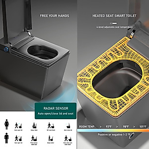 Square Smart Toilet with Auto Open/Close Lid, Modern Tankless Toilet with Bidet Built In, Auto Flush, Heated Seat, Warm Water, Dryer, One Piece Toilet Bidet Combo with Remote control, Grey