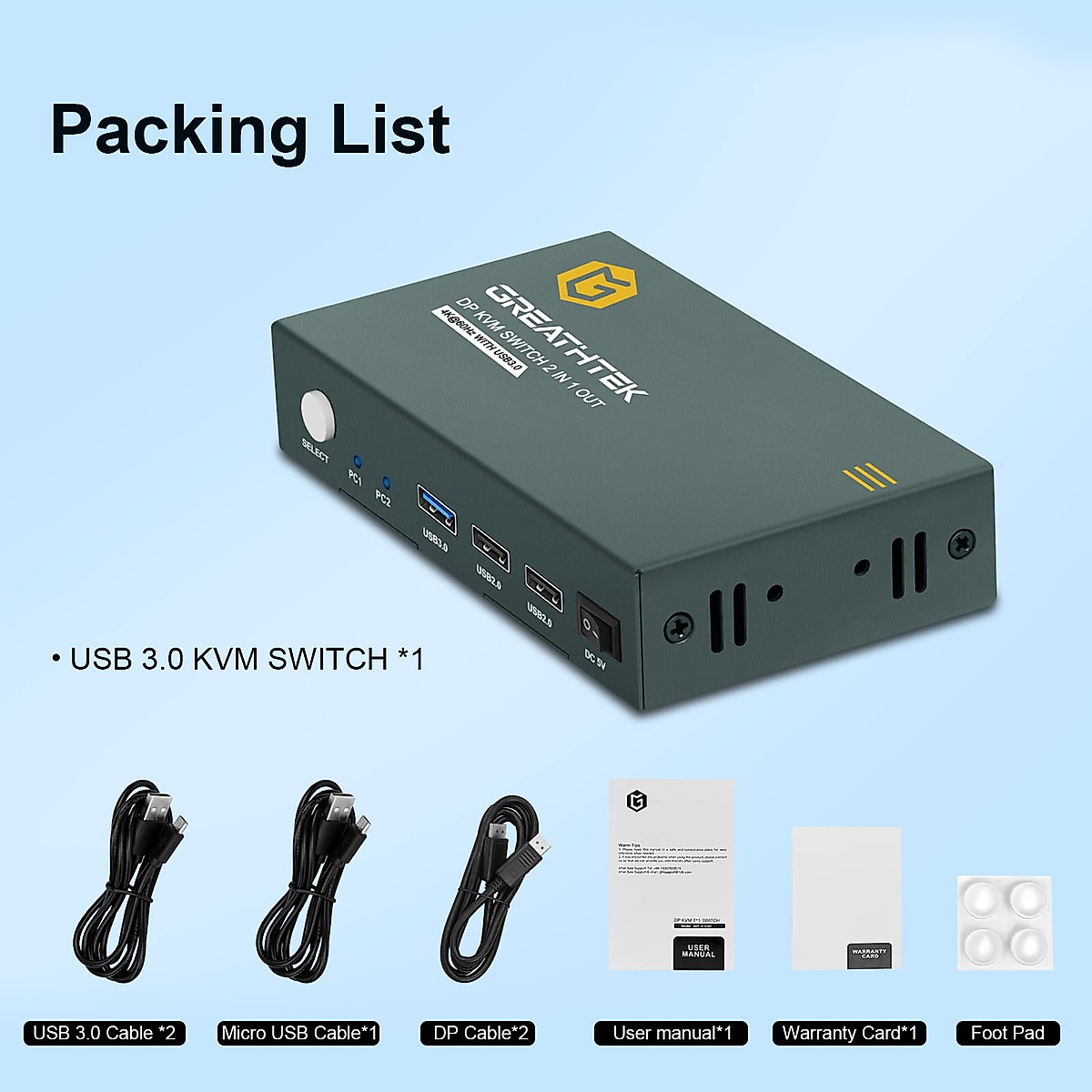 USB 3.0 KVM Switch Displayport 2 Port 4K@60Hz, DP KVM with USB 3.0 & USB 2.0 Port, KVM Switch for 2 PCs Share 1 Monitor and Keyboard Mouse, Button Switch, with 2 DP Cables and 2 USB 3.0 Cables