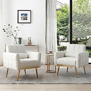 ODUSE-DAILY White Modern Accent Chairs for Living Room, Beige Teddy Fabric Arm Chair, Ivory Cream Single Sofa Chair Couch, Gold Metal Legs, for Living Room Bedroom Office Leisure (1Pcs, White)