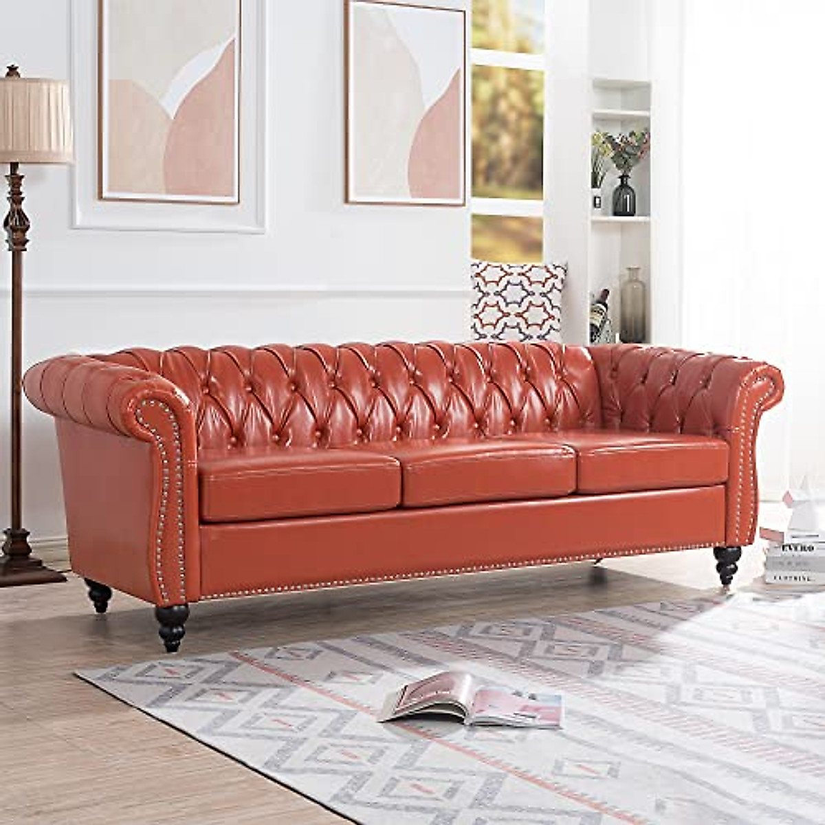 QHITTY Accent Large Sofa, Chesterfield Couch 3 Seater Modern Leather Couch Upholstered Sofa with Tufted Back for Living Room Furniture (Orange)