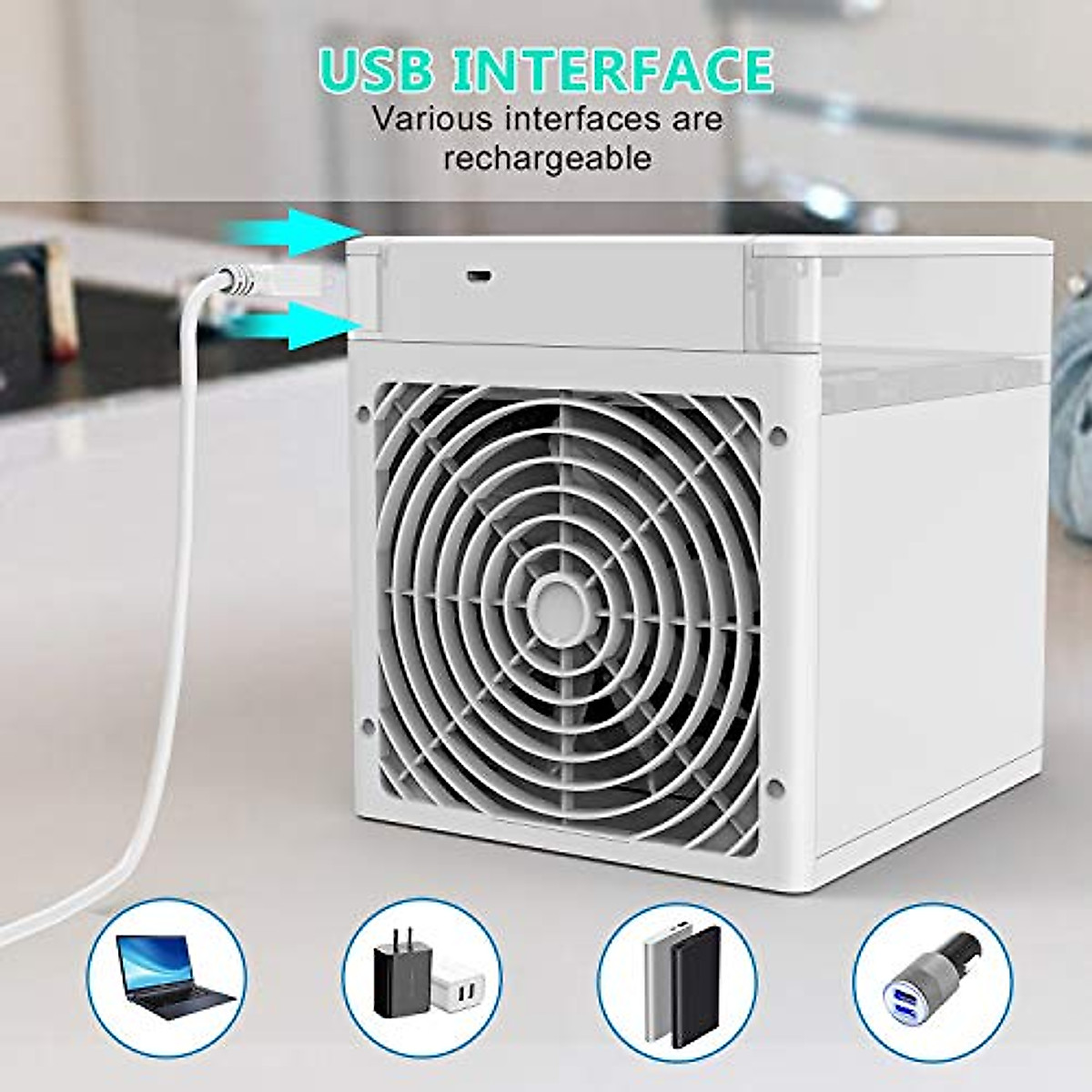 Portable Air Conditioner Fan, Mini Personal Air Cooler Fan with 3 Speed Mode, and USB Input & 7 Colors Night Light, Small Humidifier Air Cooler Desk Table Fan for Home, Office and Room