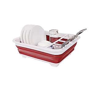 J&V TEXTILES Collapsible Dish Drying Rack - Popup for Easy Storage, Drain Water Directly into The Sink, Room for Eight Large Plates, Sectional Cutlery and Utensil Compartment, Compact (Red)