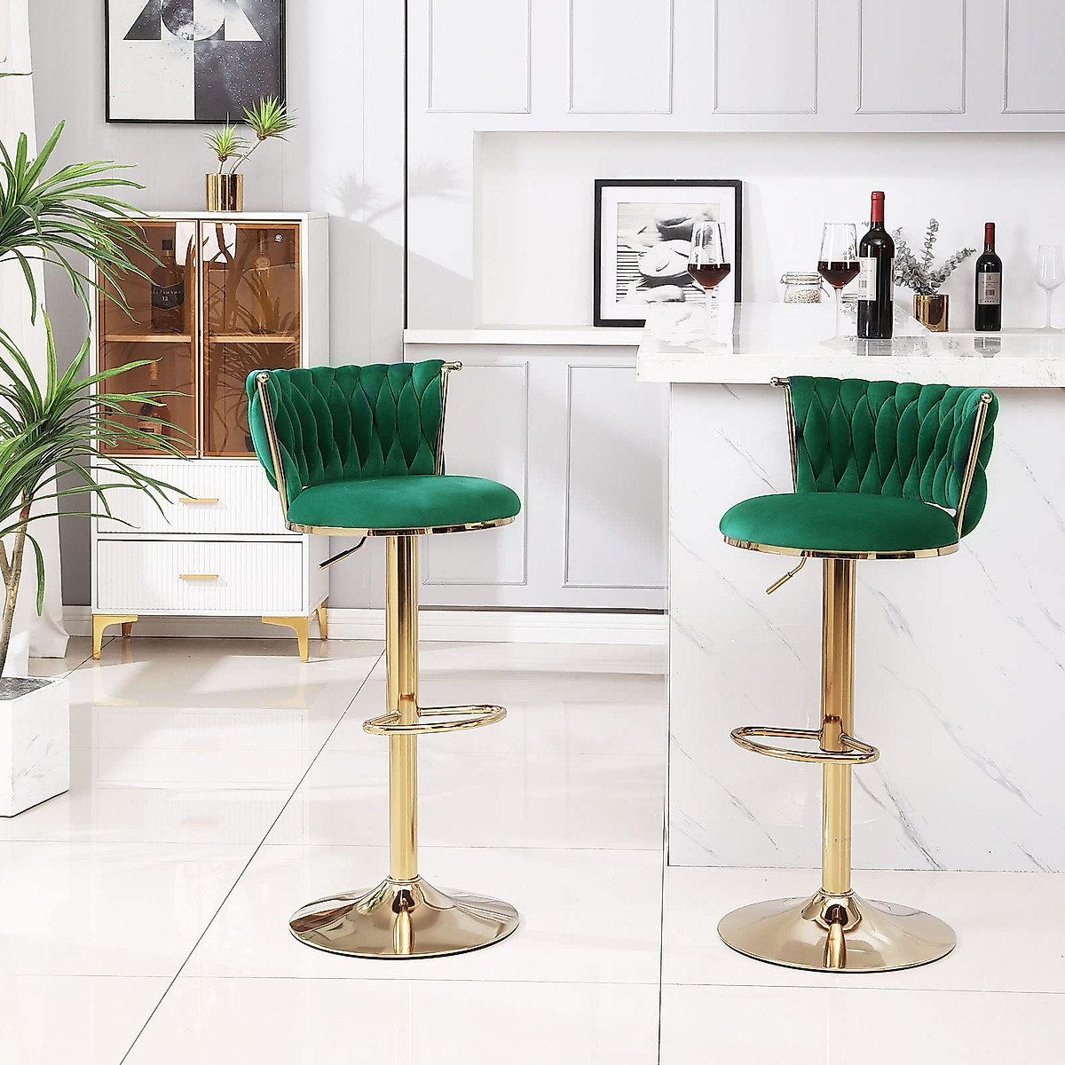 HANLIVES Velvet Bar Stools Set of 2,360° Woven Modern Gold Bar Stools,Swivel Adjustable Height Barstools with Backs Gold Metal Tall Kitchen Counter Chairs for Bar Pub Cafe(Green*2)