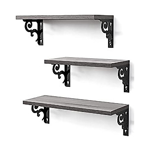 AMADA HOMEFURNISHING Floating Shelves, Grey Wall Shelves for Bedroom, Bathroom, Kitchen, Living Room, Shelves for Wall Decor Set of 3, Waterproof - AMFS21