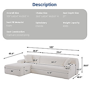 Yoglad Minimalist Style Modern L Shape Sectional Sofa Set, 3 Seat Upholstered Cloud Couch with Chaise Lounge - for Living Room,Bedroom,Apartment(Chenille Cream)