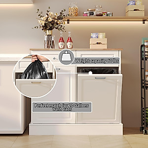 Usinso Double Trash Can Cabinet, Double Tilt Out Trash Cabinet with Hideaway Holder Drawers, Modern Standing Trash Cabinet for Kitchen, Living Room, Laundry Room (White)