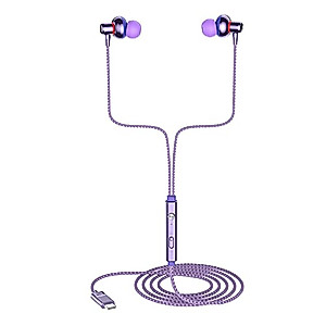 OCUhome Type C Wired Earphones, HiFi Bass Stereo Built-in Microphone Mic Headphones, Noise Cancelling Wired Earbuds Purple