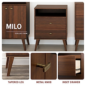 Prepac Milo Mid-Century Modern Bookcase with Six Shelves, Two Doors, and Brushed Brass-Finished Knobs