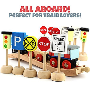 Attatoy Kids Wooden Street Signs Playset (14-Piece Set), Wood Traffic Signs Perfect for Car & Train Set