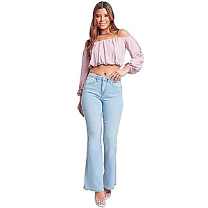 YMI Junior Women's Classic High Waisted Bell Bottom Denim Jeans (Light Blue,3)