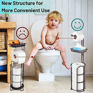 Toilet Paper Holder Stand with Reserve and Dispenser for 4 Mega Roll, Bathroom Freestanding Toilet Tissue Storage with Shelf for Wipes and Phone, Bronze