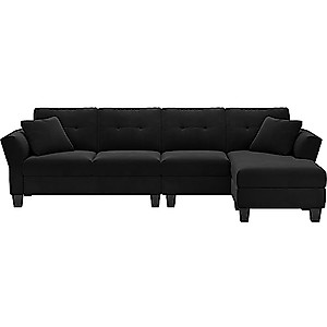 Belffin Black Velvet Sectional Couch L Shaped Sofa 4 Seat Sofa with Chaise Convertible L-Shaped Couches Reversible Sectional Sofa Black