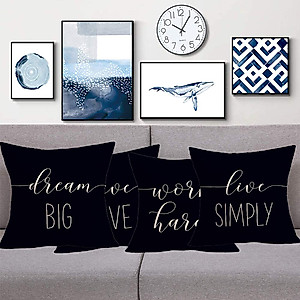 Doitely Simple Quote Black Pillow Covers 18x18 Inch Set of 4 Live Simply, Work Hard, Give Love, Dream Big Cotton Linen Cushion Cover for Home Sofa Chair Decor Inspiring Words Farmhouse Pillow Case