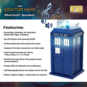 FAMETEK Doctor Who Tardis Wireless Bluetooth Speaker Plays Music, Lights Up, Accurate Sounds Effects |Gifts for Men or Women - Best Gifts Birthday Collectibles for Doctor Who
