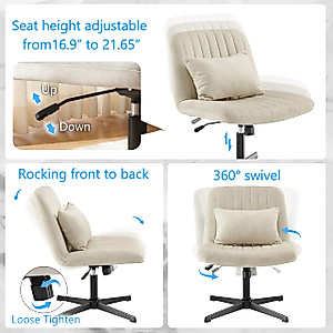 Art Leon Criss Cross Chair - with Ottoman and Pillow, Armless Office Desk Chair No Wheels, Modern Swivel Height Adjustable Mid Back Wide Seat Computer Task Vanity Chair for Home Office, Off White