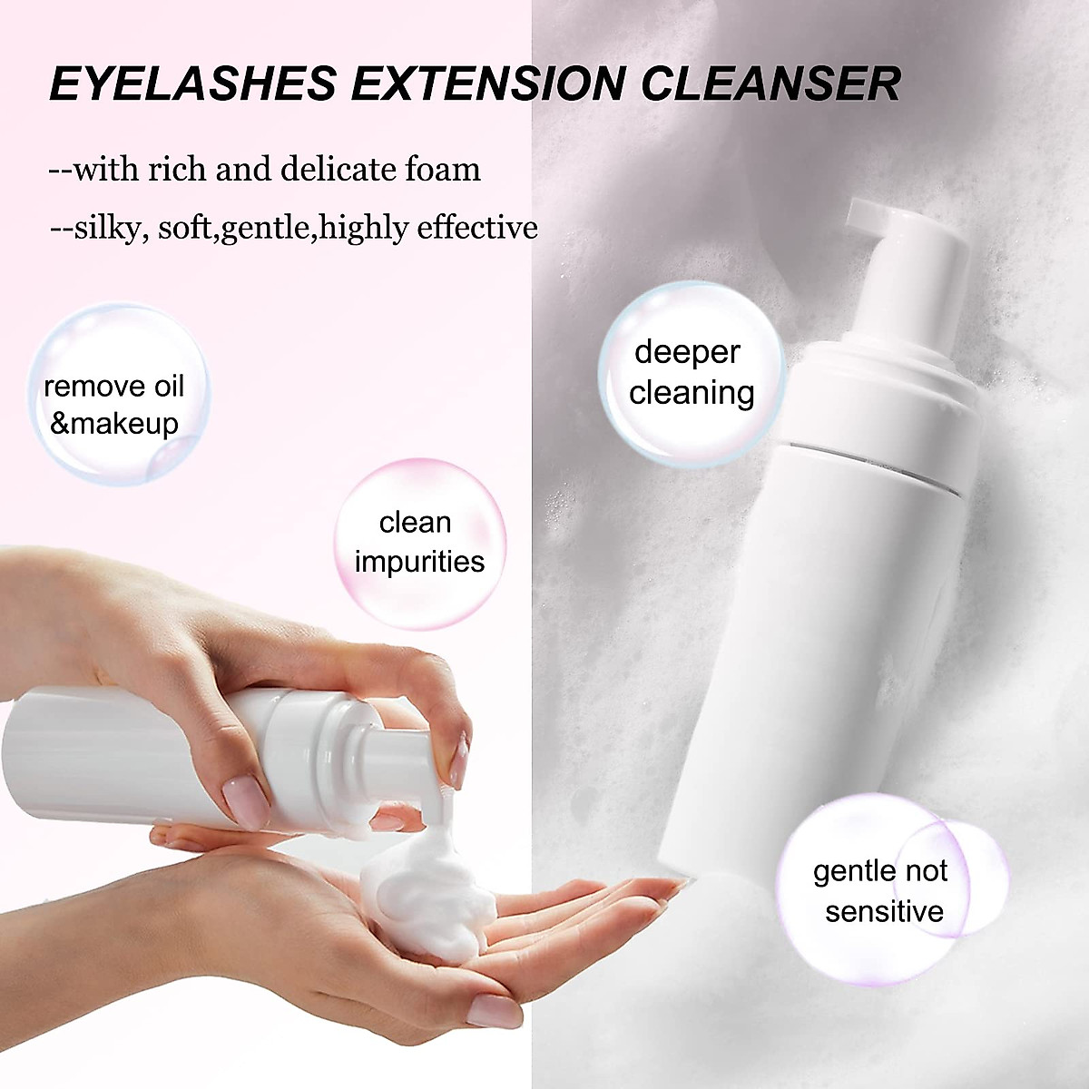 Eyelash Extension Cleanser Eyelash Fan, AREMOD 50ml Lash Shampoo for Lash Extensions 50pcs Eyelash Brush Cleaning Brush Makeup Remover Pad and Rinse Bottle for Lash Cleaning for Salon Home Use(pink)
