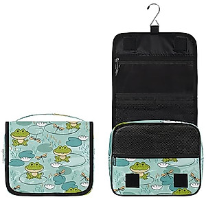 POFATO Frog Dragonfly Lotus Leaf Travel Toiletry Bag Cosmetic Makeup Bag for Women Men Hanging Hook Wash Toiletries Portable Toiletry Bags Organizer