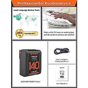 Moman V Mount Battery, Power 140 V-Lock Battery 140Wh/9700mAh with D-Tap&65W USB-C Outputs Compatible with Red Komodo & Canon C300 Cameras & Aputure 200D 200X Video Light, V-Mount-Battery-VLock-USB