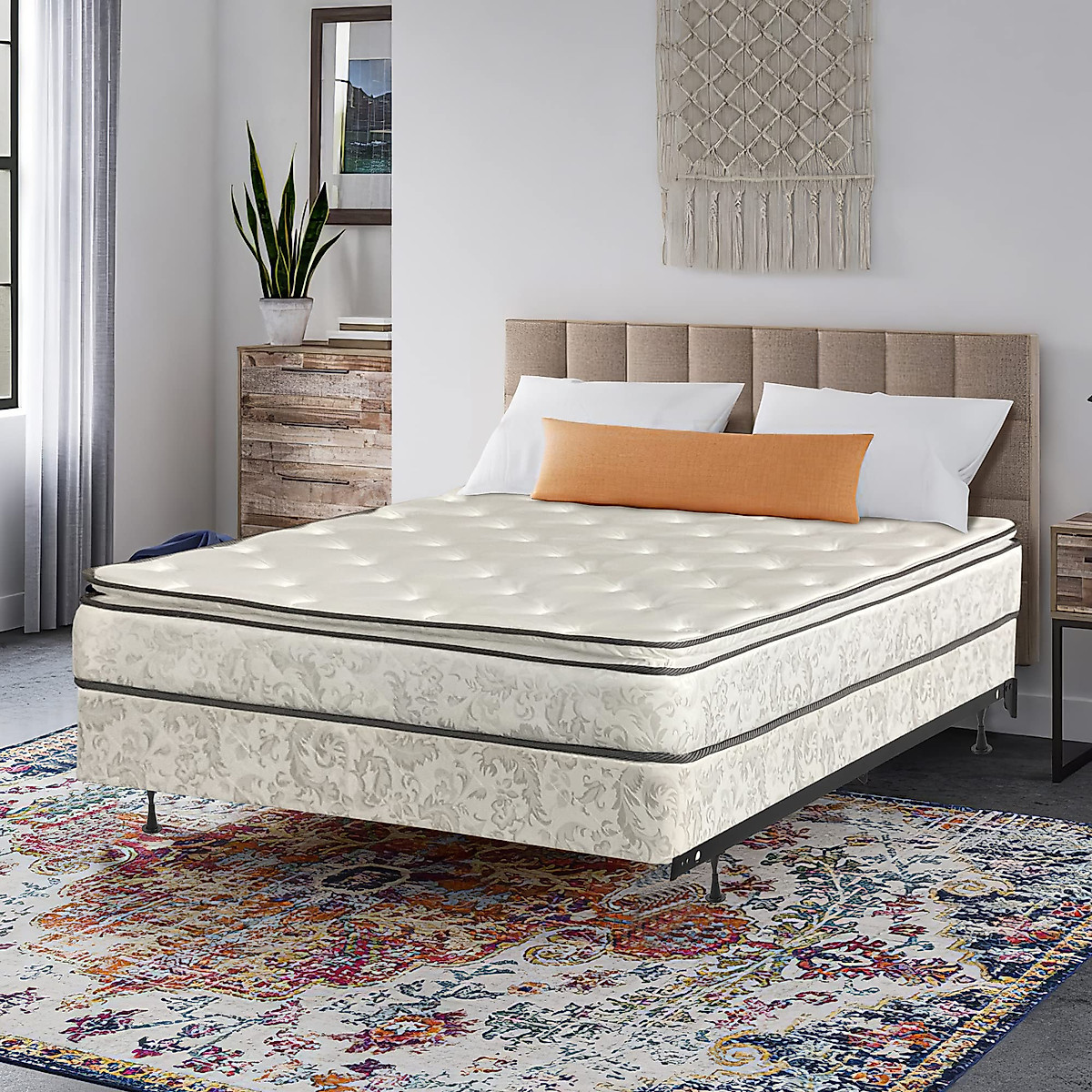 Continental Matress Medium Plush Pillowtop Innerspring Fully Assembled Mattress, and 8" Wood Box Spring/Foundation Set with Frame, Twin, Beige