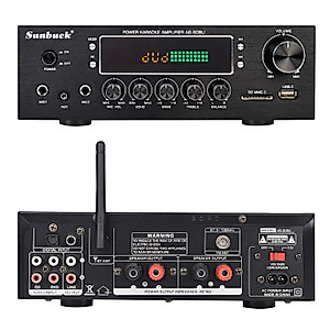 Wireless Bluetooth Home Audio Amplifier – 400W Dual Channel Home Theater Sound Compact Stereo Receiver System w/FM Radio, USB/SD, AUX, RCA, Mic in, Remote Control for Sweet Sound. (Sunbuck AS-90BU)
