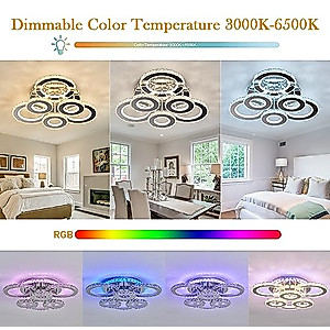 YYJLX Led Ceiling Light with Remote Control Modern 7 Rings Crystal Flush Mount Ceiling Light Fixtures 23inch 3 Color Dimmable and RGB Ceiling Lamp for Living Room Kitchen Dining Room Bedroom.
