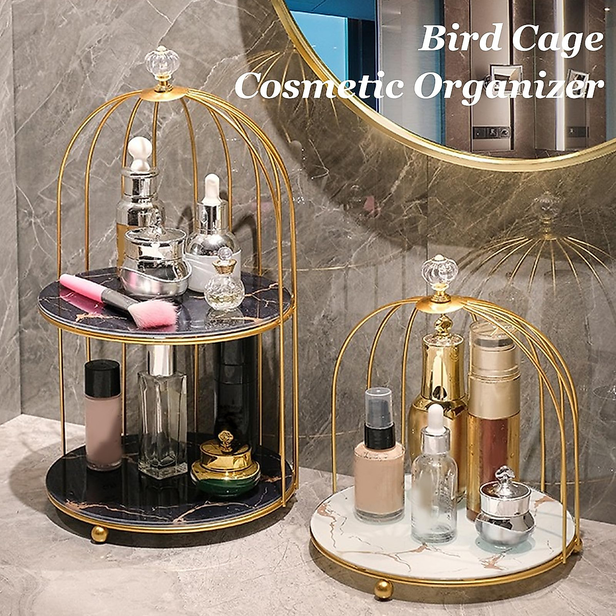 Dpofirs Bathroom Organizer Countertop, 2 Tier Iron Cosmetic Display Case for Bathroom Vanity Countertop, Vanity Tray Gold Birdcage Makup Organizer, Makeup Tray Cosmetic Rack Jewelry