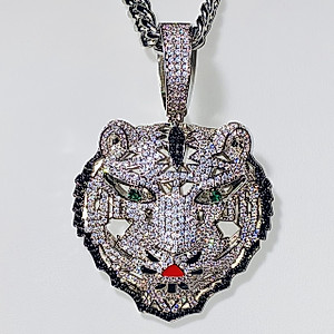 8mm Miami Cuban Link Chain Bengal Tiger Big Custom Cuban Pendant Iced Diamond cz Men Women 925 Italy Men's Choker Chain, 14k White Gold Silver Miami Cuban 6mm Chain Necklace Choker, Diamond Pendant (22" Chain Pendant)
