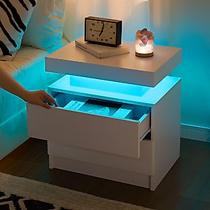 Cubehom White Nightstand Set of 2 LED Night Stand for Bedroom White Modern LED Bedside Table with 2 Drawers End Side Table