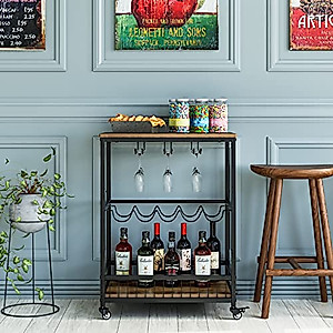 HITHOS Industrial Bar Carts for The Home, Mobile Bar Serving Cart, Wine Cart on Wheels, Beverage Cart with Wine Rack and Glass Holder, Rolling Drink Trolley for Living Room, Kitchen, Rustic Brown