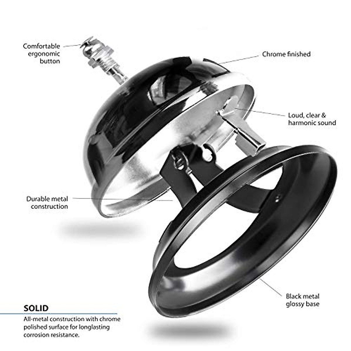 Call Bell Chrome Finish. Hand front desk ringing bell service hotel, counter, school teacher classroom, restaurant, reception, Hospitals, warehouse, office, dinner, kitchen, elderly ring. 3.38"/Silver