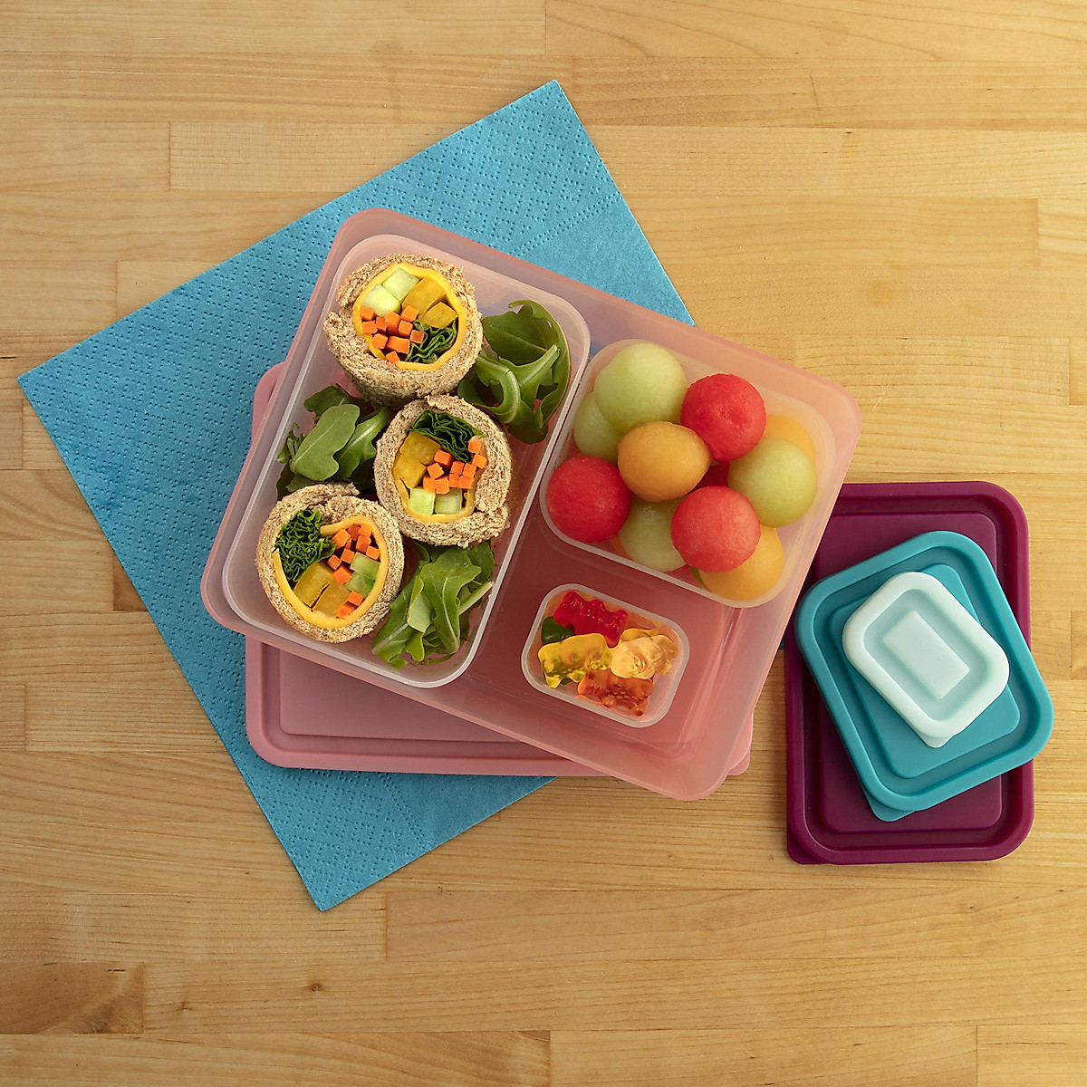 Bentology Snack Buddies - Mini Bento Snack Lunch Box w 4 Portion Control Meal Containers and Lids - BPA, PVC Free, Food Safe – On-the-Go lunchbox - Pink