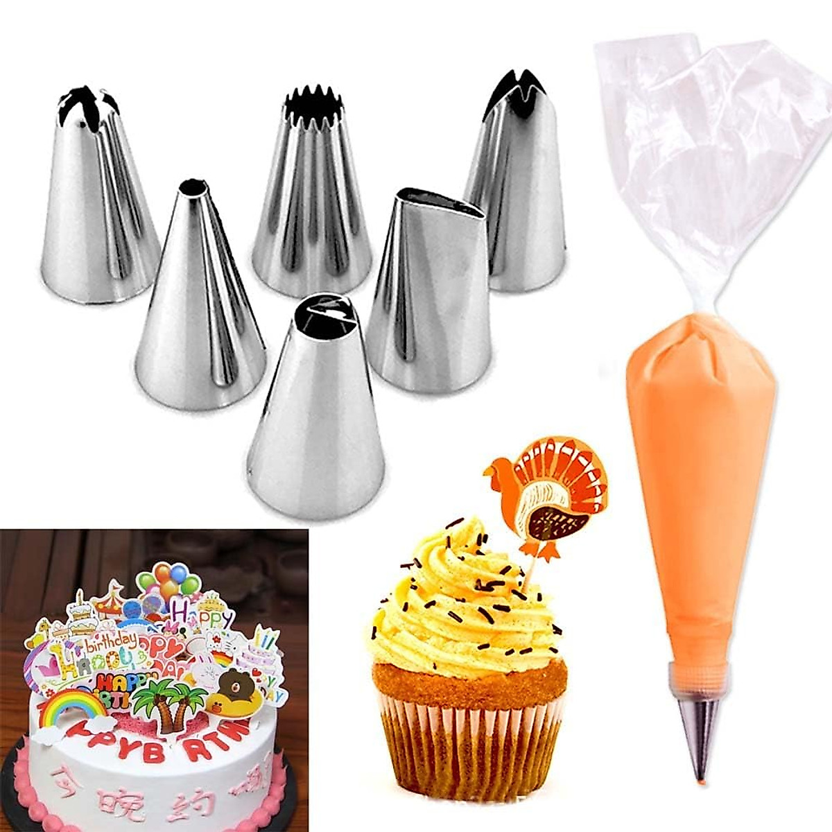 RUISENLAI 260pcs Cake Pan Set for Baking + Cake Decorating Supplies: 3 Round Non Stick Springform Pan Set (4, 7, 9 inches), Icing Tips, disposable piping bags – with 60 Pcs Parchment Paper Liners