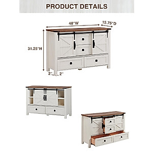 T4TREAM Farmhouse Dresser for Bedroom w/4 Drawers & Sliding Barn Doors, 48'' Wide Chest of Drawers, Rustic Dresser TV Stand w/Shelf, Dresser Organizer for Bedroom, Living Room, Entryway, Antique White