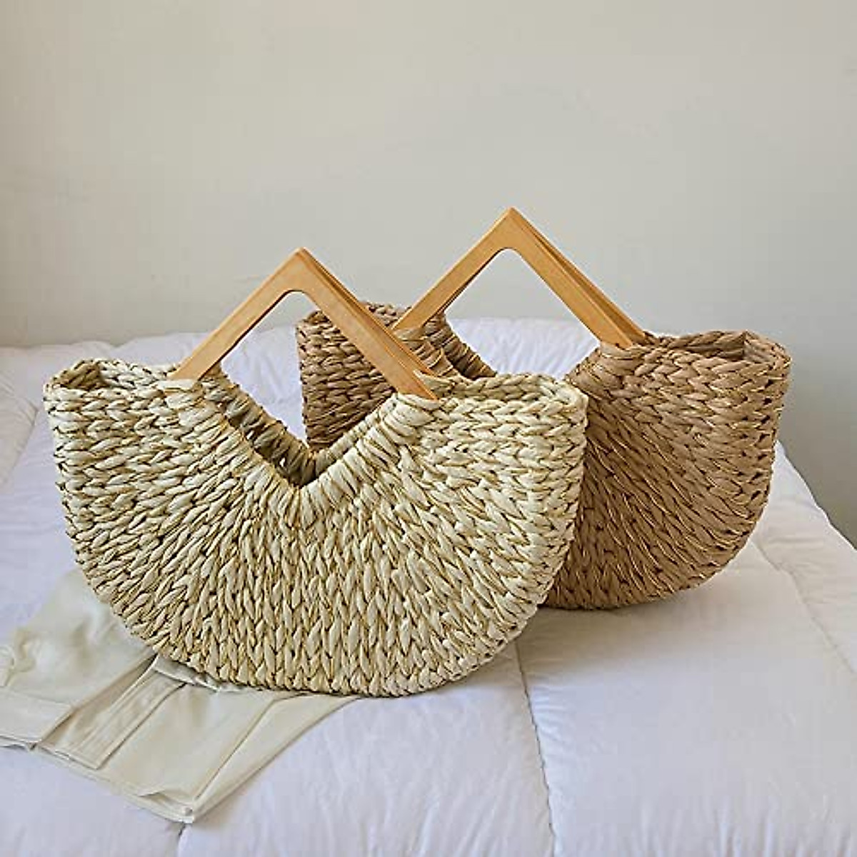 Tellrain Straw Bags for Women Semi Round Large Tote Purse Casual Summer Vocation Straw Handbag Woven Tote