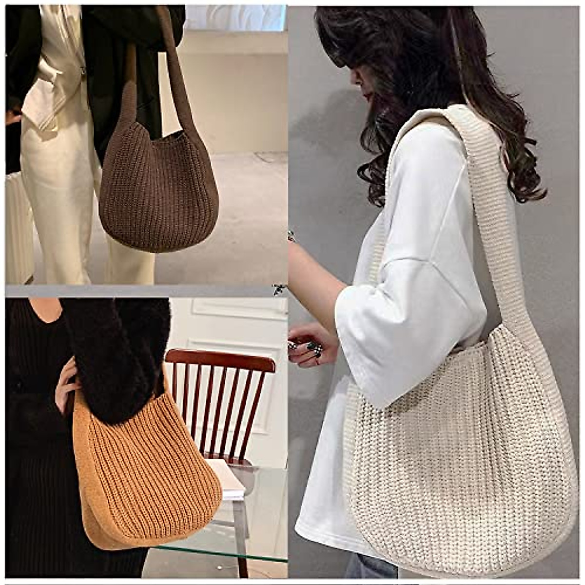 Womens Crocheted Hobo Bag Aesthetic Shoulder Knit Crochet Tote bag Knitted Accessory Boho Purse for Ladies Black