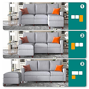 GinguoHome Convertible Sectional Sofa Couch, 3 Seat L-Shaped Sofa with Linen Fabric, Movable Ottoman Small Couch for Small Apartments, Living Room and Office (Grey)