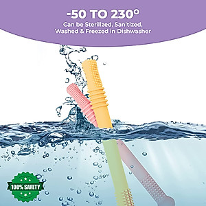 Samar Valley Teething Tubes - Pack of 4 Safe Silicone Baby Straws with Cleaning Brush and Different Surfaces/Colors for Healthy Molar Growth, Color Recognition, and Motor Control