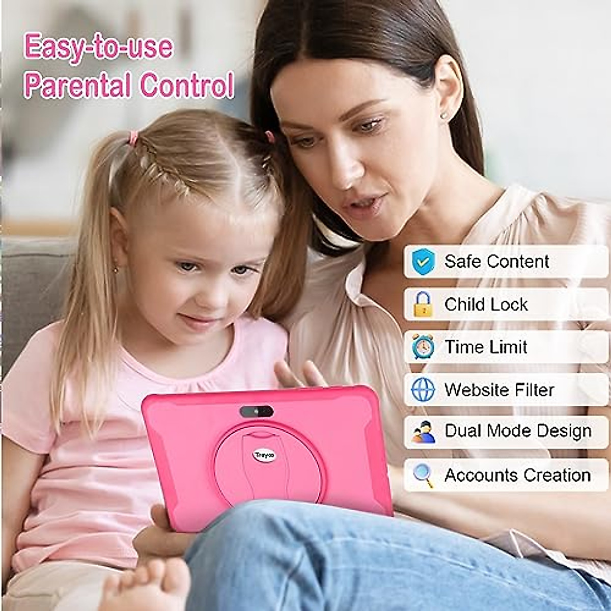 Kids Tablet, Android Tablet for Kids 10.1 Inches, 64GB Kids Tablet with Case, Dual Camera, WiFi, Bluetooth, GMS, Kidproof App Pre-Installed, Parent Control, Education, Google, YouTube (Pink)