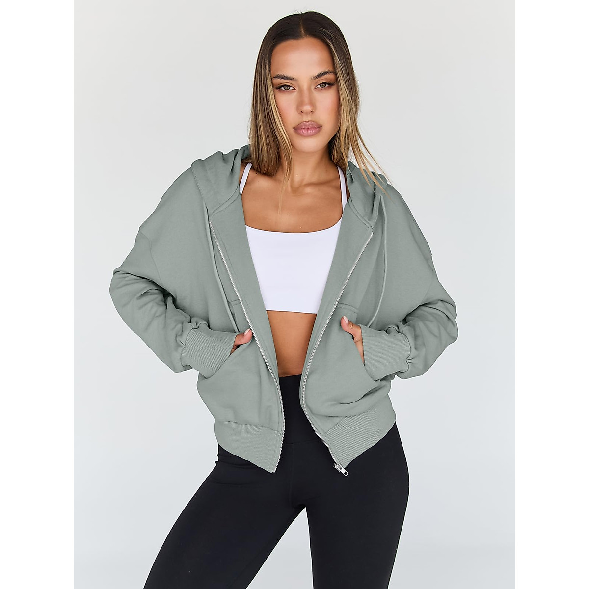 Trendy Queen Hoodies for Women Full Zip Up Cropped Sweatshirts Jackets Casual Comfy Gym Tops Fall Outfits Winter Clothes 2025 LightGreen M
