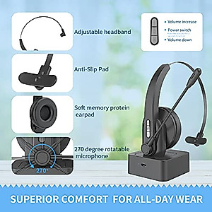Mcctiki Bluetooth Headset, Wireless Headset with Microphone Noise Cancelling and MIC Mute, Bluetooth Headphones with Charging Base for Trucker