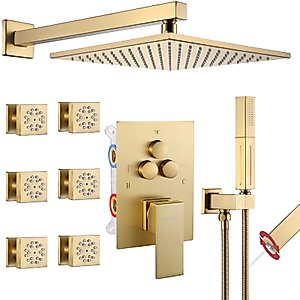 VANFOXLE Shower Faucet Set Brushed Gold Shower System with 6 PCS Body Jets(2 Inch),Push Button Diverter Shower Fixtures with 2 in 1 Handheld,10 Inch Shower Head(Rough-in Valve Body and Trim Included)