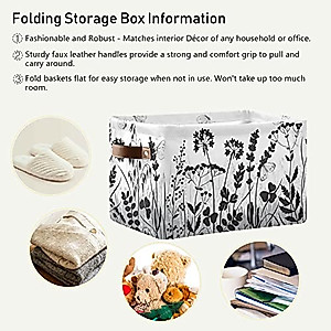 susiyo Black White Wildflowers Floral Storage Bins, 14 x 10 inch Canvas Storage Basket for Shelves Closet Organizing - 1 Piece