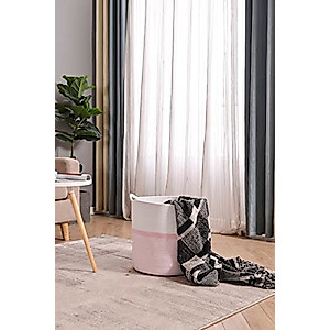 Pink Cotton Rope Laundry Basket with Handles Woven Portable Basket Cute Pink Nursery Blanket Storage Basket for Girl Clothes Hamper Home Decor Basket