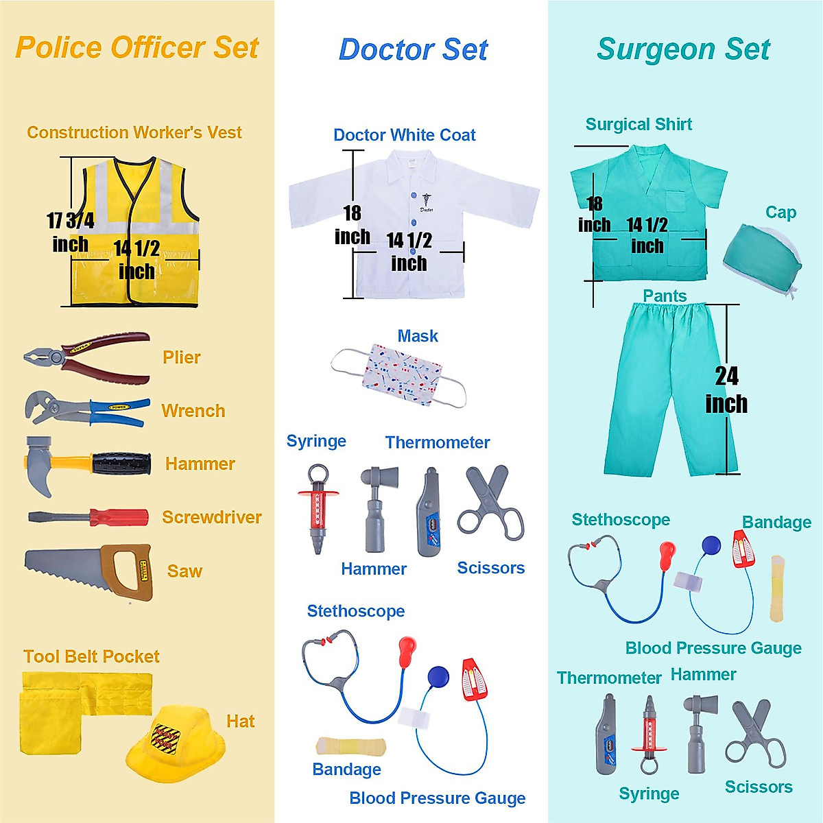 TopTie 5 Sets Halloween Kids Costumes, Dress Up Costumes with Storage Box for Age 3-7, Doctor Fireman Police Surgeon Worker